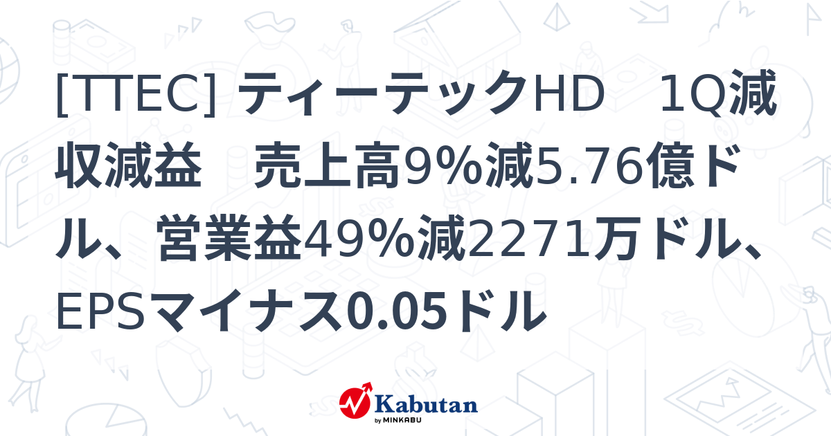 [TTEC] ティーテックHD 1Q減収減益 売上高9％減5.76億ドル、営業益49％減2271万ドル、EPSマイナス0.05ドル - 株探 ...