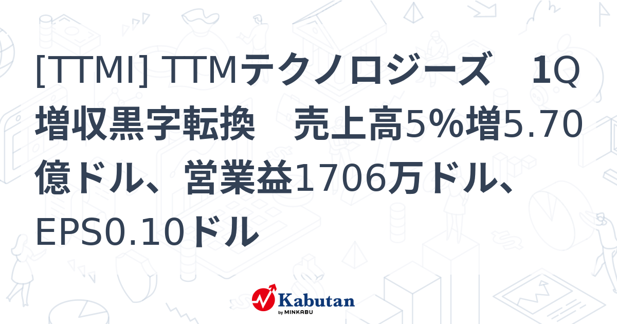 [TTMI] TTMテクノロジーズ 1Q増収黒字転換 売上高5％増5.70億ドル、営業益1706万ドル、EPS0.10ドル - 株探(かぶたん ...