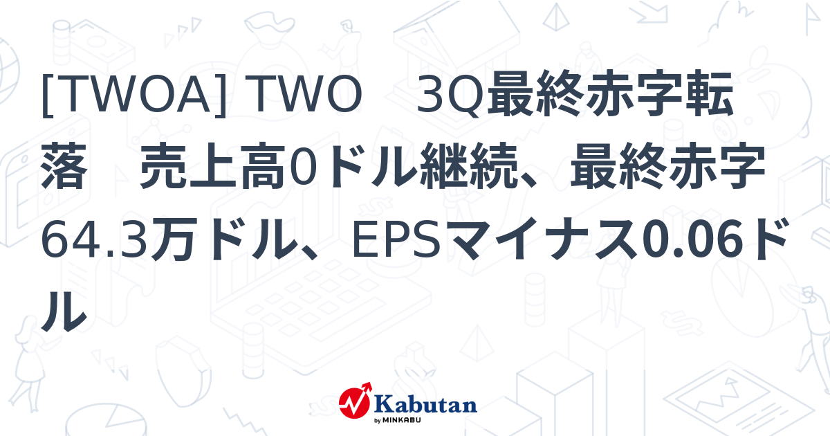 [TWOA] TWO 3Q最終赤字転落 売上高0ドル継続、最終赤字64.3万ドル、EPSマイナス0.06ドル - 株探(かぶたん)｜米国株