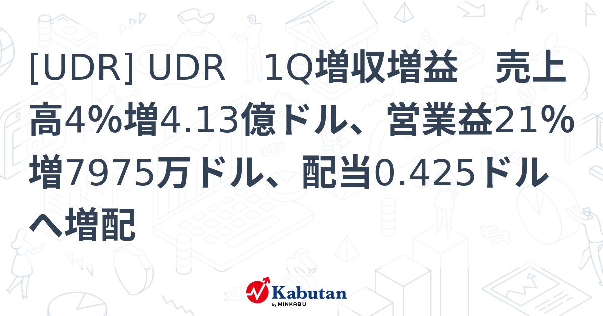 [UDR] UDR 1Q増収増益 売上高4％増4.13億ドル、営業益21％増7975万ドル、配当0.425ドルへ増配 - 株探(かぶたん)｜米国株
