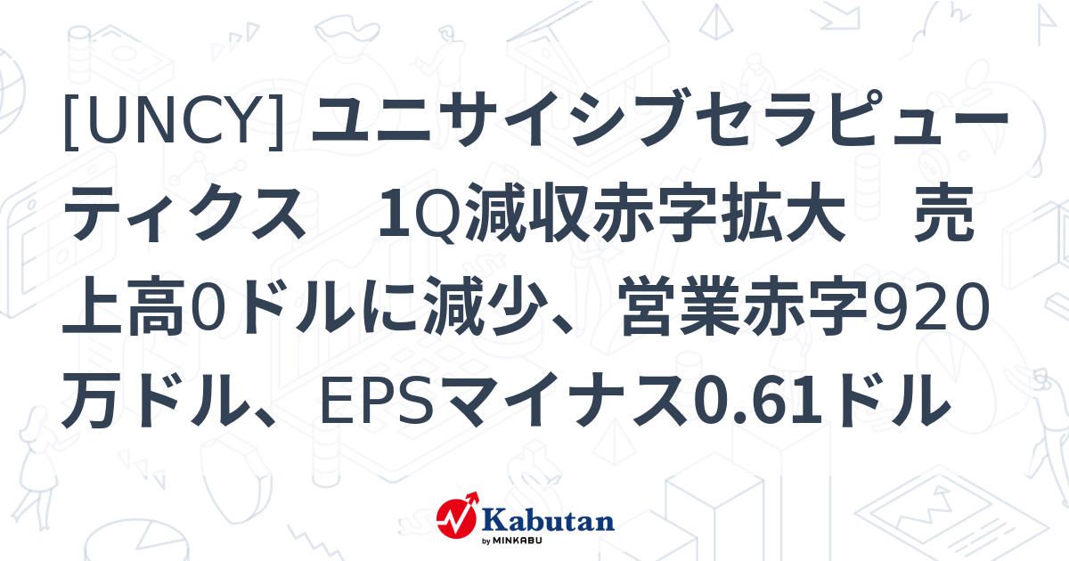 [UNCY] ユニサイシブセラピューティクス 1Q減収赤字拡大 売上高0ドルに減少、営業赤字920万ドル、EPSマイナス0.61ドル - 株探 ...