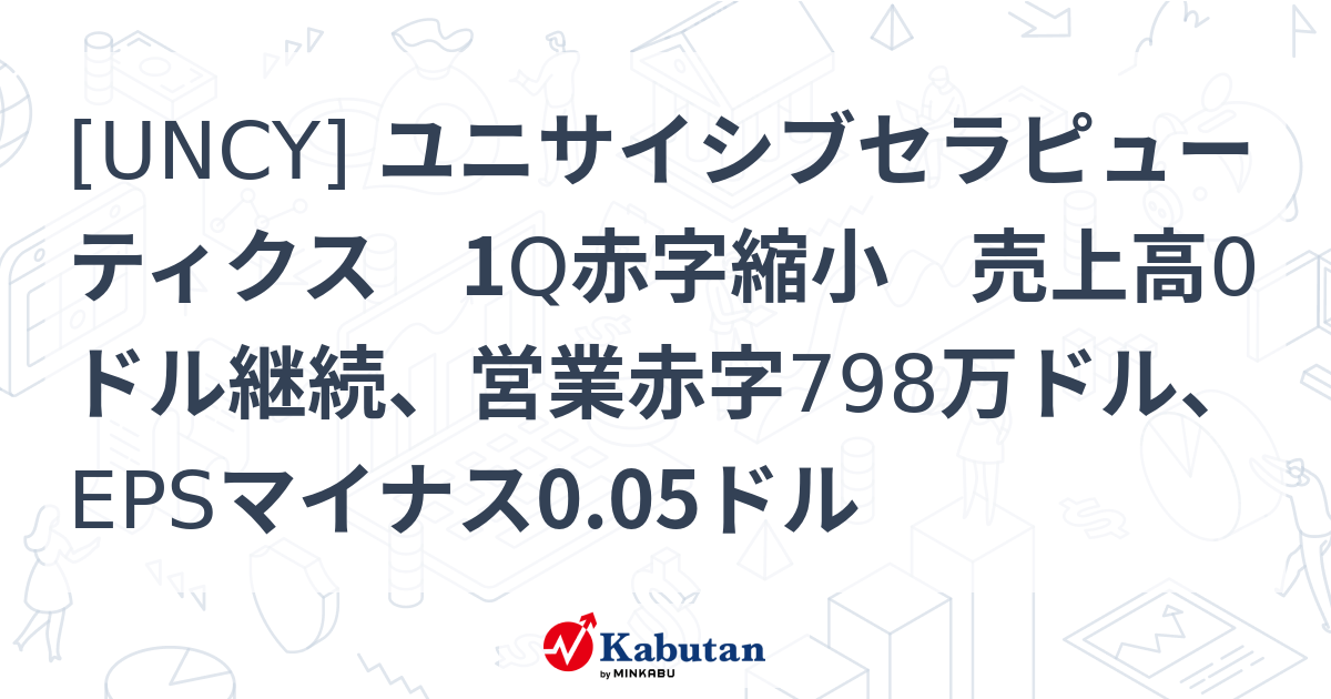 [UNCY] ユニサイシブセラピューティクス 1Q赤字縮小 売上高0ドル継続、営業赤字798万ドル、EPSマイナス0.05ドル - 株探 ...