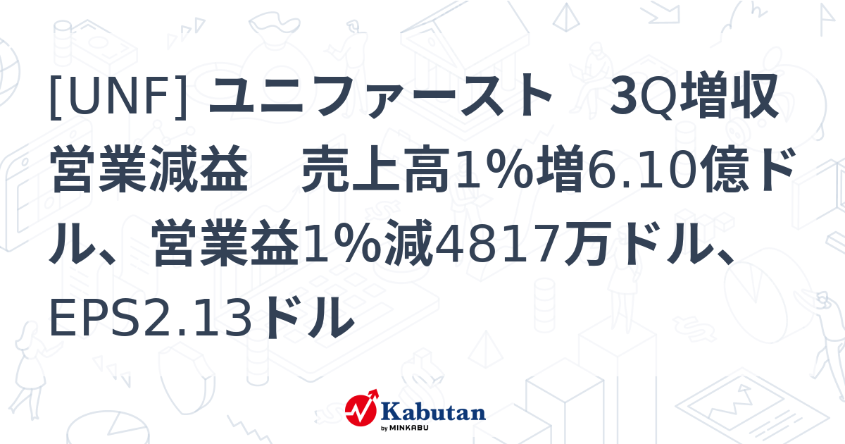 [UNF] ユニファースト 3Q増収営業減益 売上高1％増6.10億ドル、営業益1％減4817万ドル、EPS2.13ドル - 株探(かぶたん)｜米国株