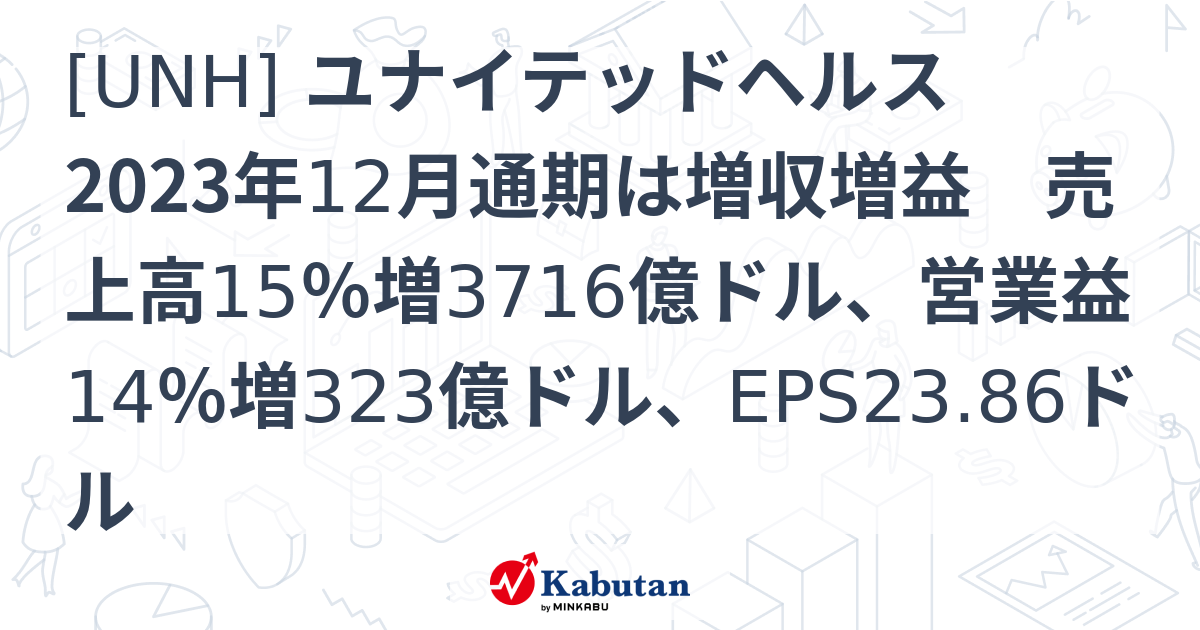 [UNH] ユナイテッドヘルス 2023年12月通期は増収増益 売上高15％増3716億ドル、営業益14％増323億ドル、EPS23.86ドル - 株探(かぶたん)｜米国株
