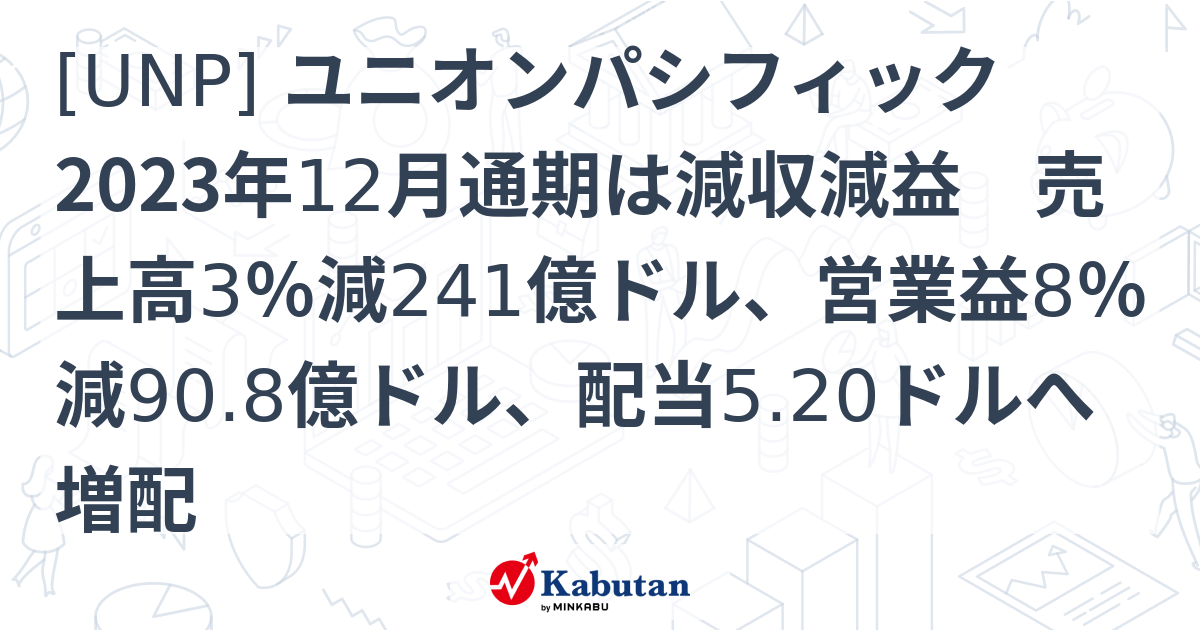 [UNP] ユニオンパシフィック 2023年12月通期は減収減益 売上高3％減241億ドル、営業益8％減90.8億ドル、配当5.20ドルへ増配 ...