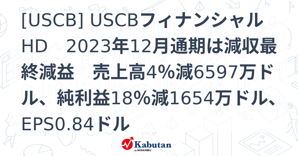 [USCB] USCBフィナンシャルHD 2023年12月通期は減収最終減益 売上高4％減6597万ドル、純利益18％減1654万ドル ...