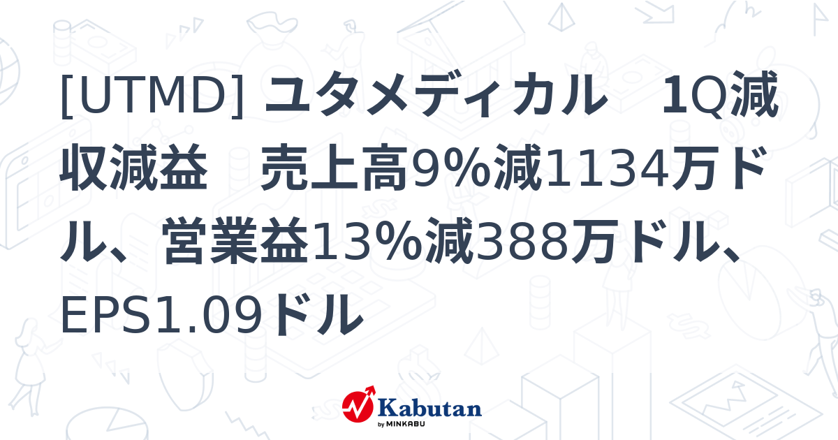 [UTMD] ユタメディカル 1Q減収減益 売上高9％減1134万ドル、営業益13％減388万ドル、EPS1.09ドル - 株探(かぶたん)｜米国株