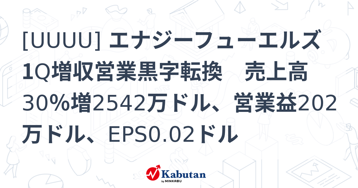 [UUUU] エナジーフューエルズ 1Q増収営業黒字転換 売上高30％増2542万ドル、営業益202万ドル、EPS0.02ドル - 株探 ...