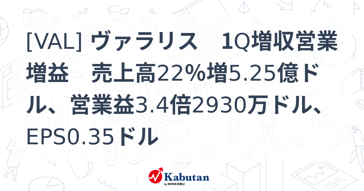 [VAL] ヴァラリス 1Q増収営業増益 売上高22％増5.25億ドル、営業益3.4倍2930万ドル、EPS0.35ドル - 株探(かぶたん)｜米国株