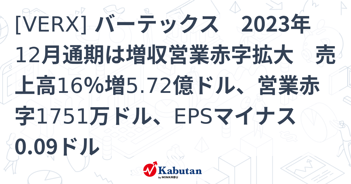 [VERX] バーテックス 2023年12月通期は増収営業赤字拡大 売上高16％増5.72億ドル、営業赤字1751万ドル、EPSマイナス0. ...