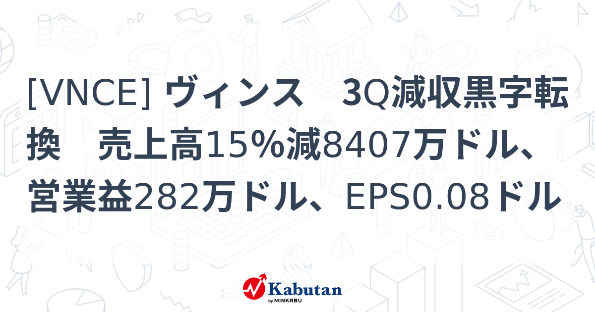 [VNCE] ヴィンス 3Q減収黒字転換 売上高15％減8407万ドル、営業益282万ドル、EPS0.08ドル - 株探(かぶたん)｜米国株
