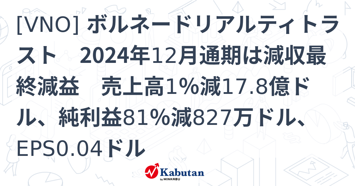 [VNO] ボルネードリアルティトラスト 2024年12月通期は減収最終減益 売上高1％減17.8億ドル、純利益81％減827万ドル、EPS0 ...