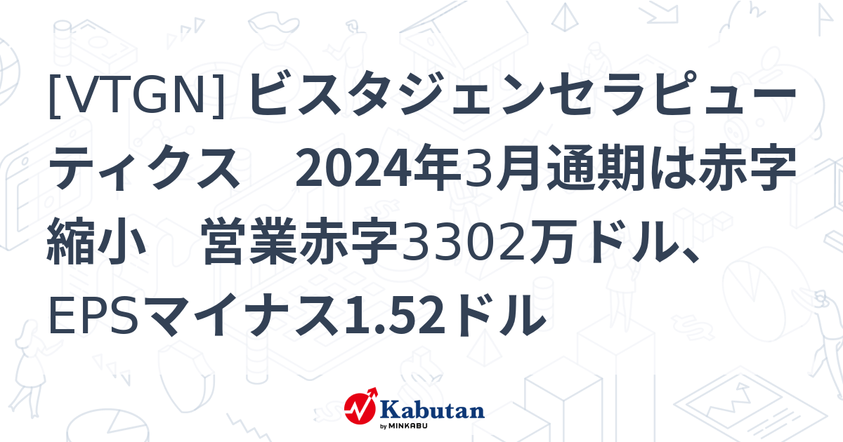 [VTGN] ビスタジェンセラピューティクス 2024年3月通期は赤字縮小 営業赤字3302万ドル、EPSマイナス1.52ドル - 株探 ...