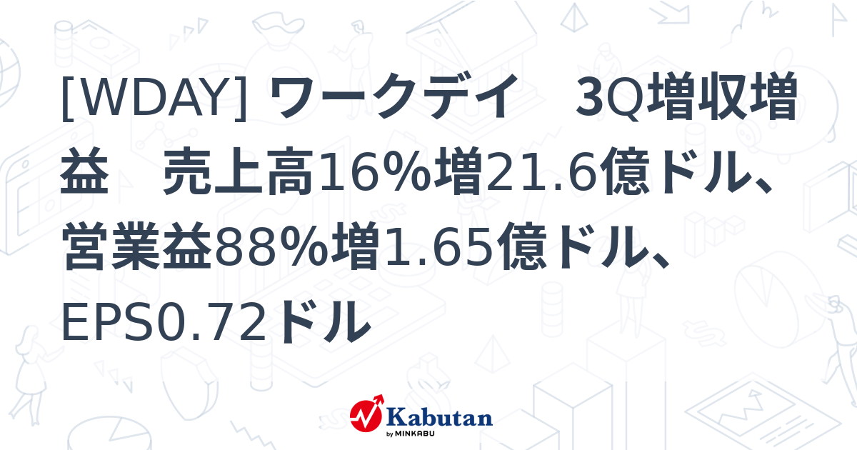 [WDAY] ワークデイ 3Q増収増益 売上高16％増21.6億ドル、営業益88％増1.65億ドル、EPS0.72ドル | 個別株 - 株探ニュース
