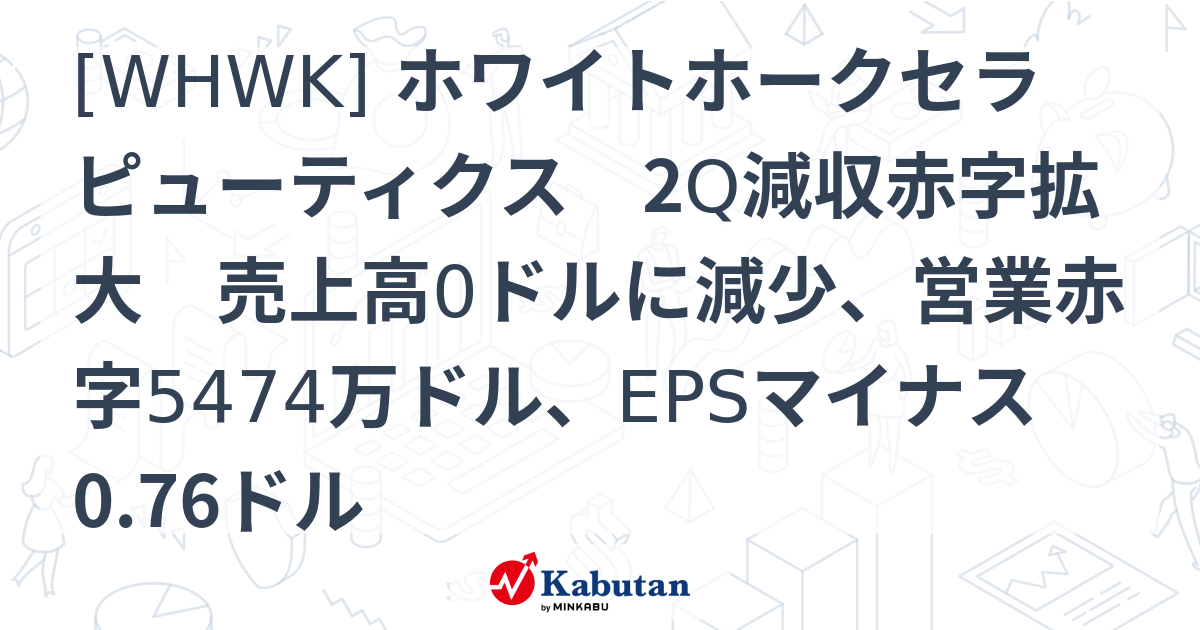 [WHWK] ホワイトホークセラピューティクス 2Q減収赤字拡大 売上高0ドルに減少、営業赤字5474万ドル、EPSマイナス0.76ドル ...