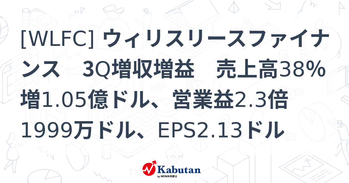 [WLFC] ウィリスリースファイナンス 3Q増収増益 売上高38％増1.05億ドル、営業益2.3倍1999万ドル、EPS2.13ドル ...