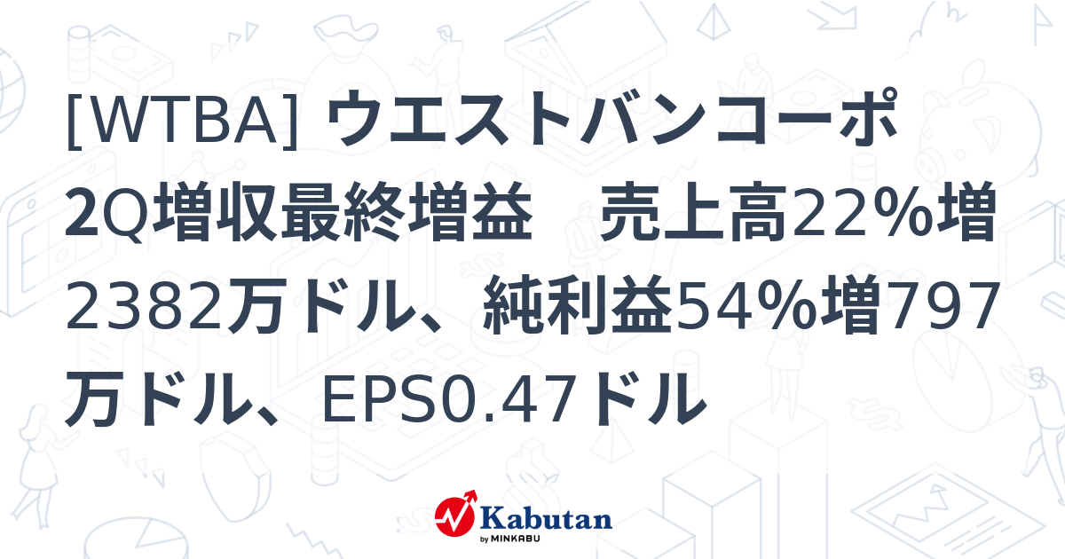 [WTBA] ウエストバンコーポ 2Q増収最終増益 売上高22％増2382万ドル、純利益54％増797万ドル、EPS0.47ドル - 株探 ...