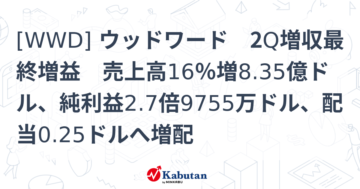 [WWD] ウッドワード 2Q増収最終増益 売上高16％増8.35億ドル、純利益2.7倍9755万ドル、配当0.25ドルへ増配 - 株探 ...