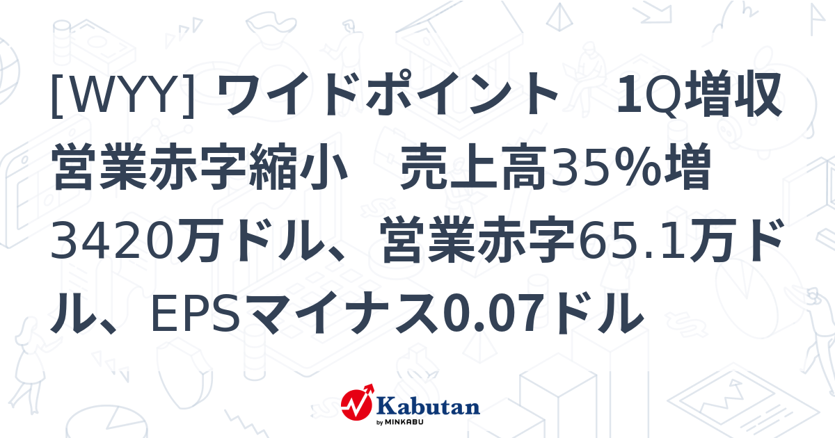 [WYY] ワイドポイント 1Q増収営業赤字縮小 売上高35％増3420万ドル、営業赤字65.1万ドル、EPSマイナス0.07ドル - 株探 ...