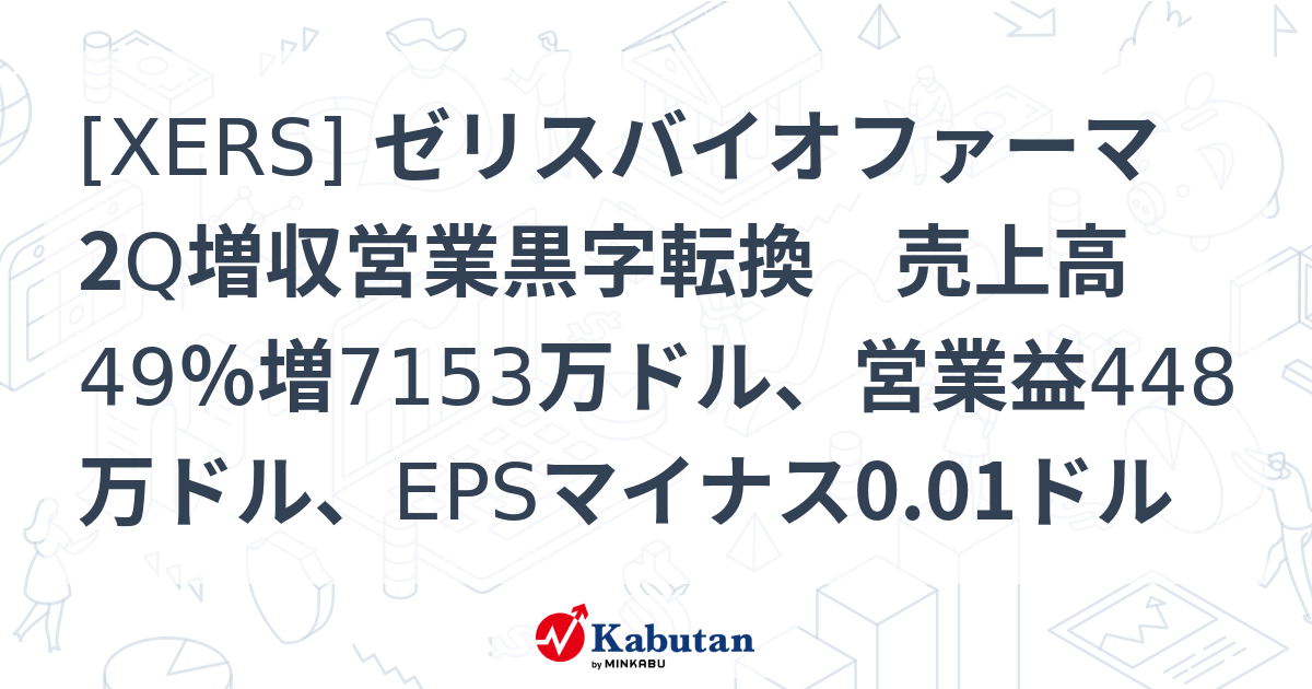 [XERS] ゼリスバイオファーマ 2Q増収営業黒字転換 売上高49％増7153万ドル、営業益448万ドル、EPSマイナス0.01ドル - 株探(かぶたん)｜米国株