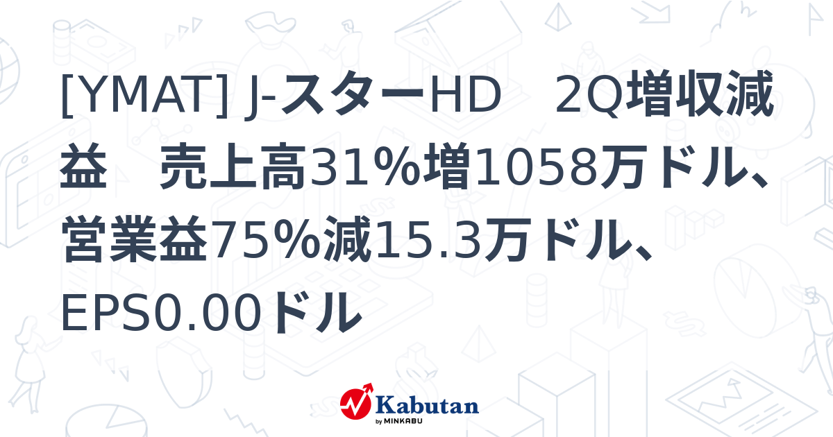 [YMAT] J-スターHD 2Q増収減益 売上高31％増1058万ドル、営業益75％減15.3万ドル、EPS0.00ドル - 株探(かぶたん ...