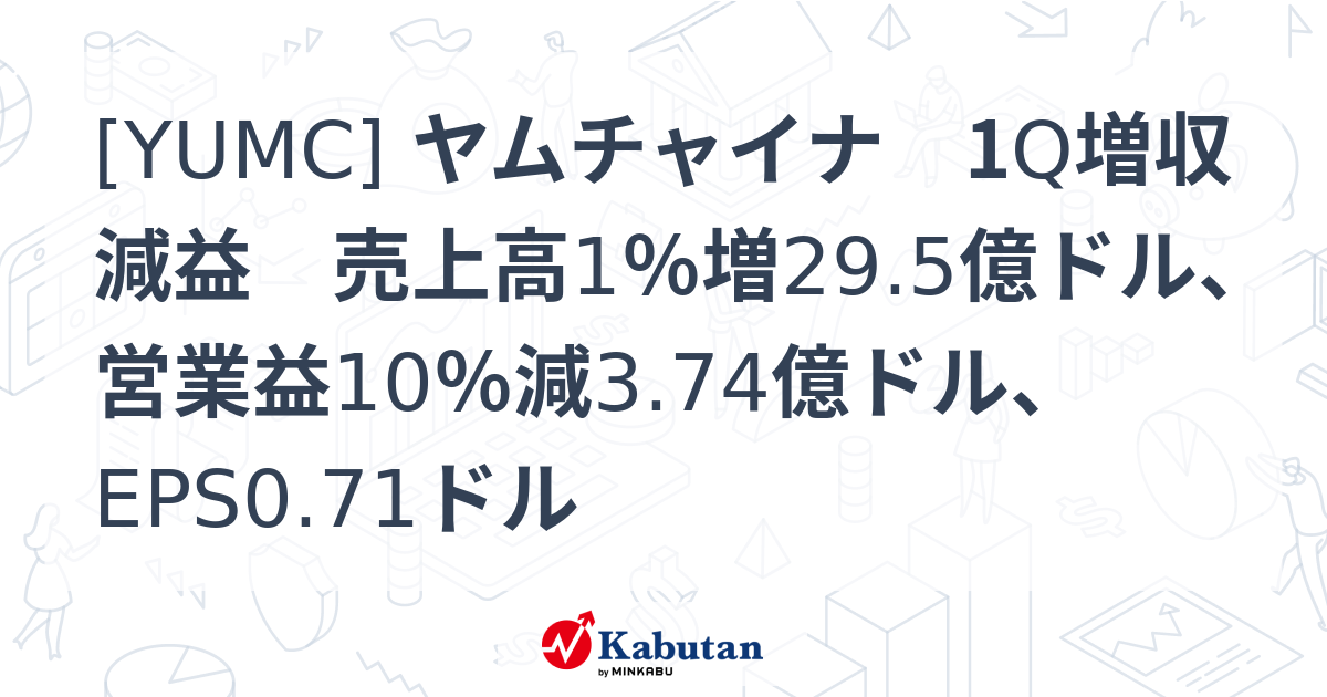 [YUMC] ヤムチャイナ 1Q増収減益 売上高1％増29.5億ドル、営業益10％減3.74億ドル、EPS0.71ドル | 個別株 - 株探ニュース