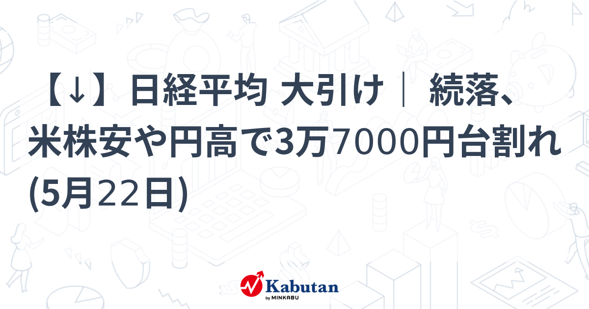 【↓】日経平均 大引け｜ 続落、米株安や円高で3万7000円台割れ 5月22日 市況 株探ニュース
