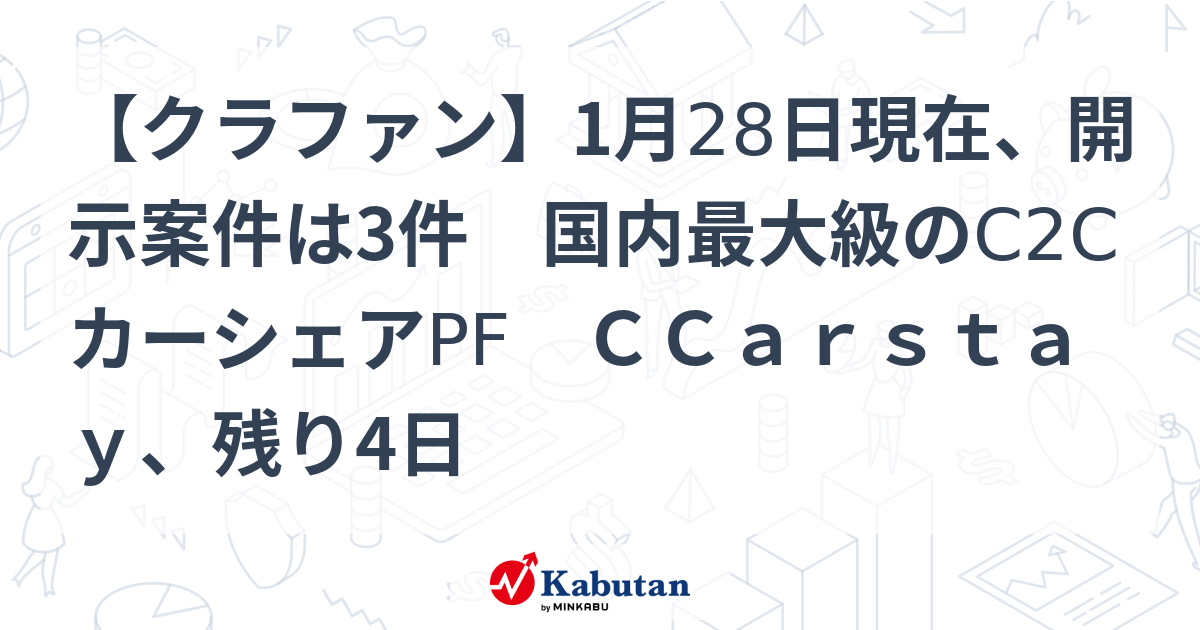 【クラファン】1月28日現在、開示案件は3件 国内最大級のC2CカーシェアPF CCarstay、残り4日 | 経済 - 株探ニュース