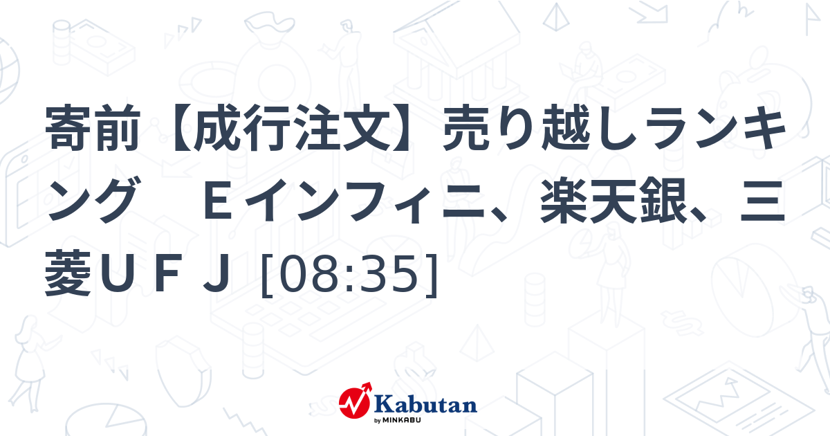 寄前【成行注文】売り越しランキング Eインフィニ、楽天銀、三菱UFJ [08:35] | 特報 - 株探ニュース