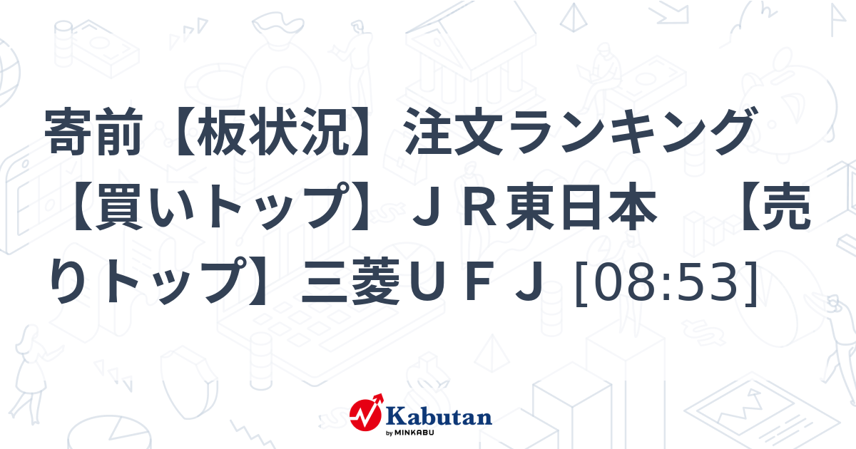 寄前【板状況】注文ランキング 【買いトップ】JR東日本 【売りトップ】三菱UFJ [08:53] | 特報 - 株探ニュース