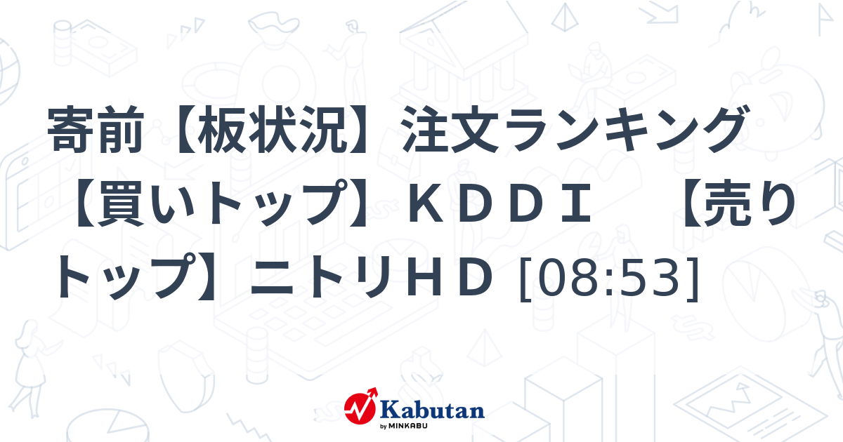 寄前【板状況】注文ランキング 【買いトップ】KDDI 【売りトップ】ニトリHD [08:53] | 特報 - 株探ニュース