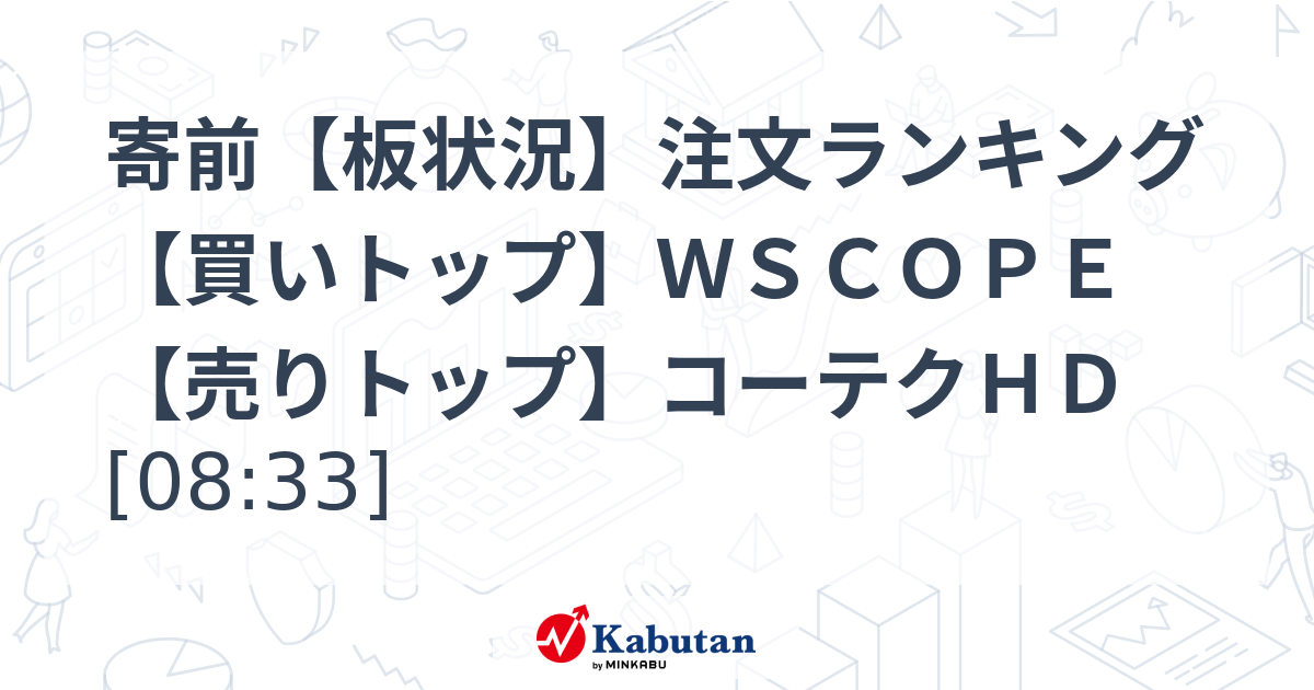 寄前【板状況】注文ランキング 【買いトップ】WSCOPE 【売りトップ】コーテクHD [08:33] | 特報 - 株探ニュース