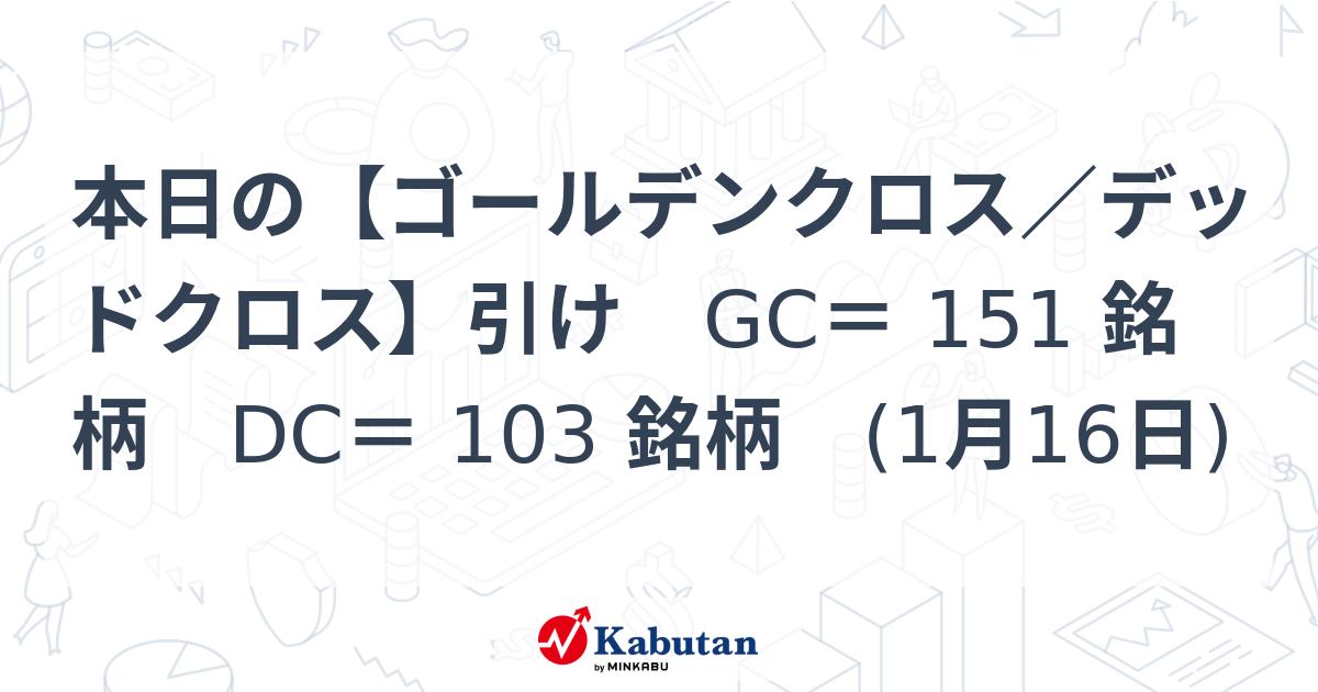 本日の【ゴールデンクロス／デッドクロス】引け GC＝ 151 銘柄 DC＝ 103 銘柄 (1月16日) | テクニカル - 株探ニュース