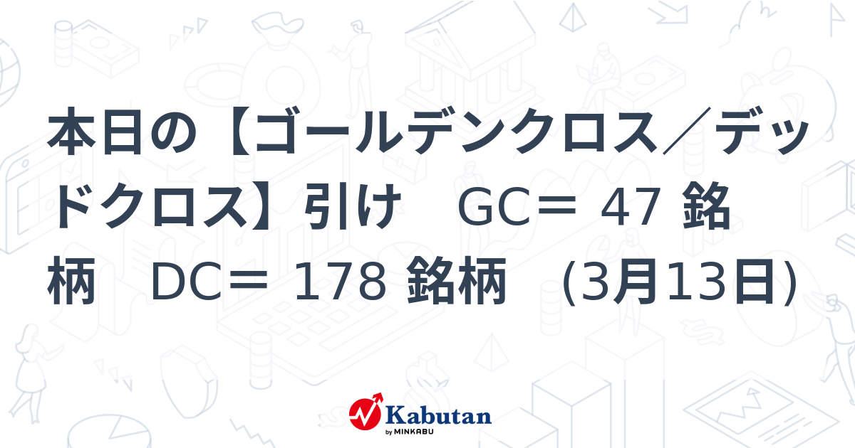 本日の【ゴールデンクロス／デッドクロス】引け GC＝ 47 銘柄 DC＝ 178 銘柄 (3月13日) | テクニカル - 株探ニュース