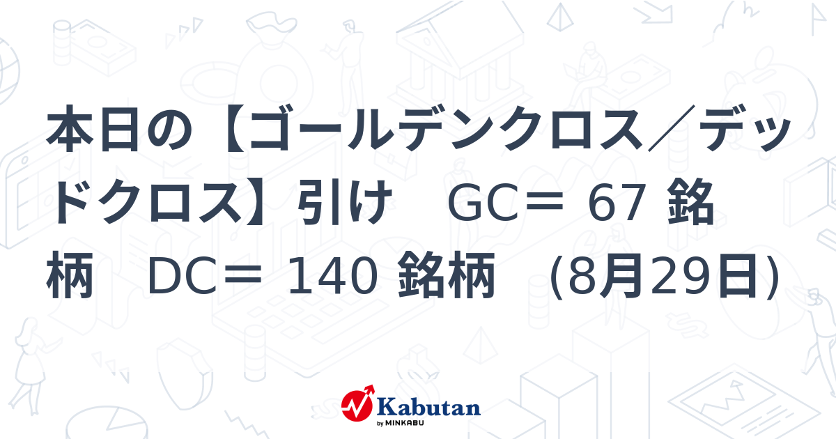 本日の【ゴールデンクロス／デッドクロス】引け GC＝ 67 銘柄 DC＝ 140 銘柄 (8月29日) | 株探ニュース