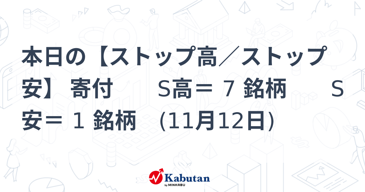 本日の【ストップ高／ストップ安】 寄付 S高＝ 7 銘柄 S安＝ 1 銘柄 (11月12日) | 個別株 - 株探ニュース