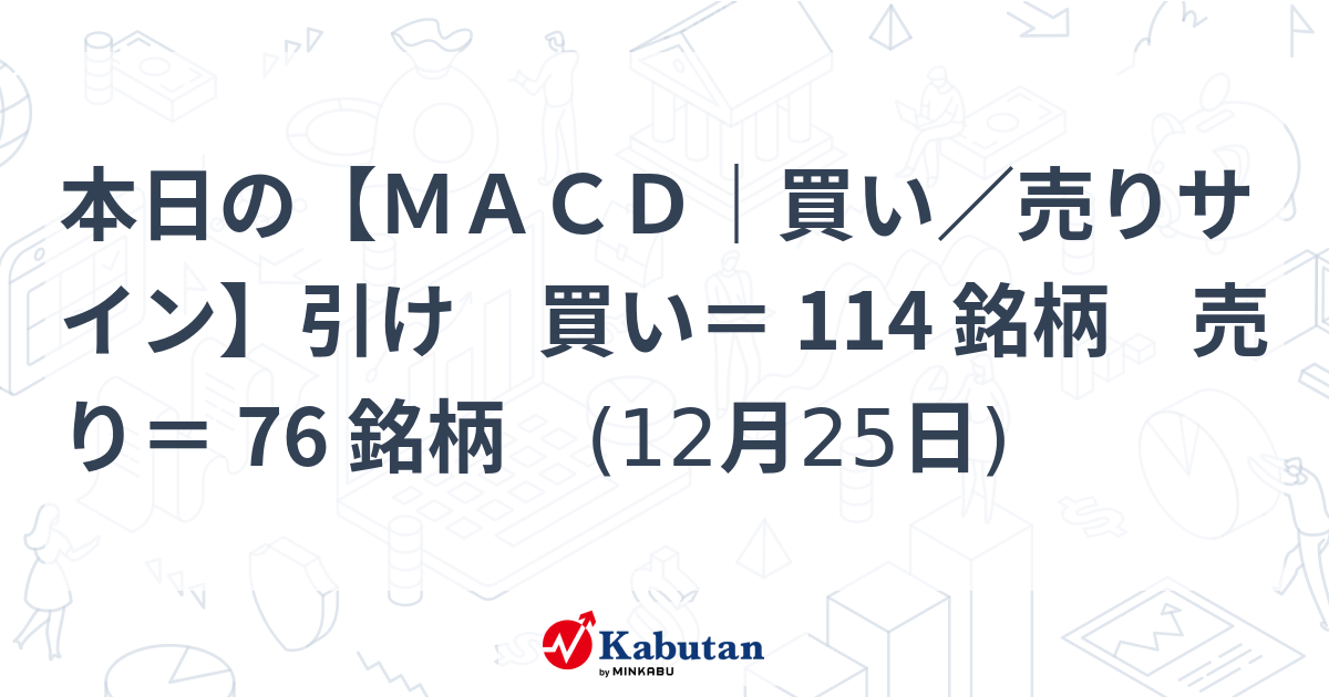 本日の【MACD｜買い／売りサイン】引け 買い＝ 114 銘柄 売り＝ 76 銘柄 (12月25日) | 株探ニュース