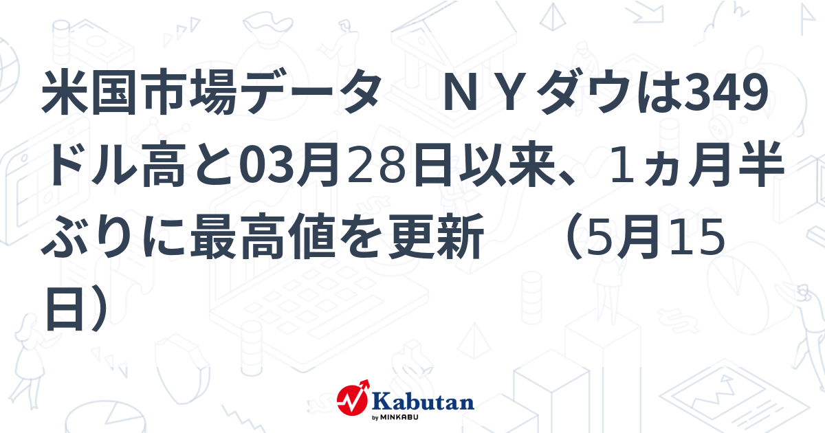 米国市場データ NYダウは349ドル高と03月28日以来、1ヵ月半ぶりに最高値を更新 （5月15日） | 市況 - 株探ニュース